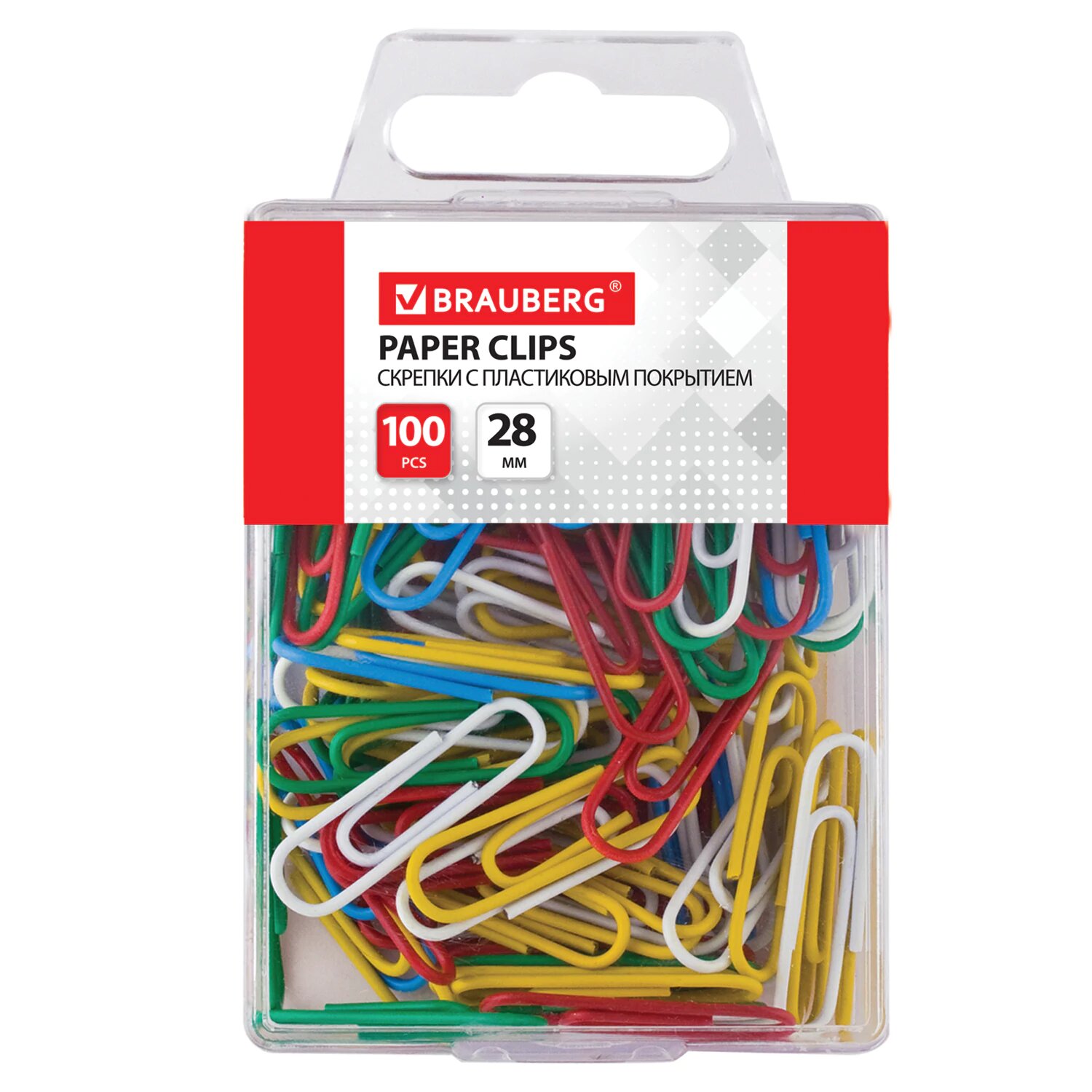 Упаковка 10 шт. Скрепки BRAUBERG, 28 мм, цветные, 100 шт, в пластиковой коробке, 221111