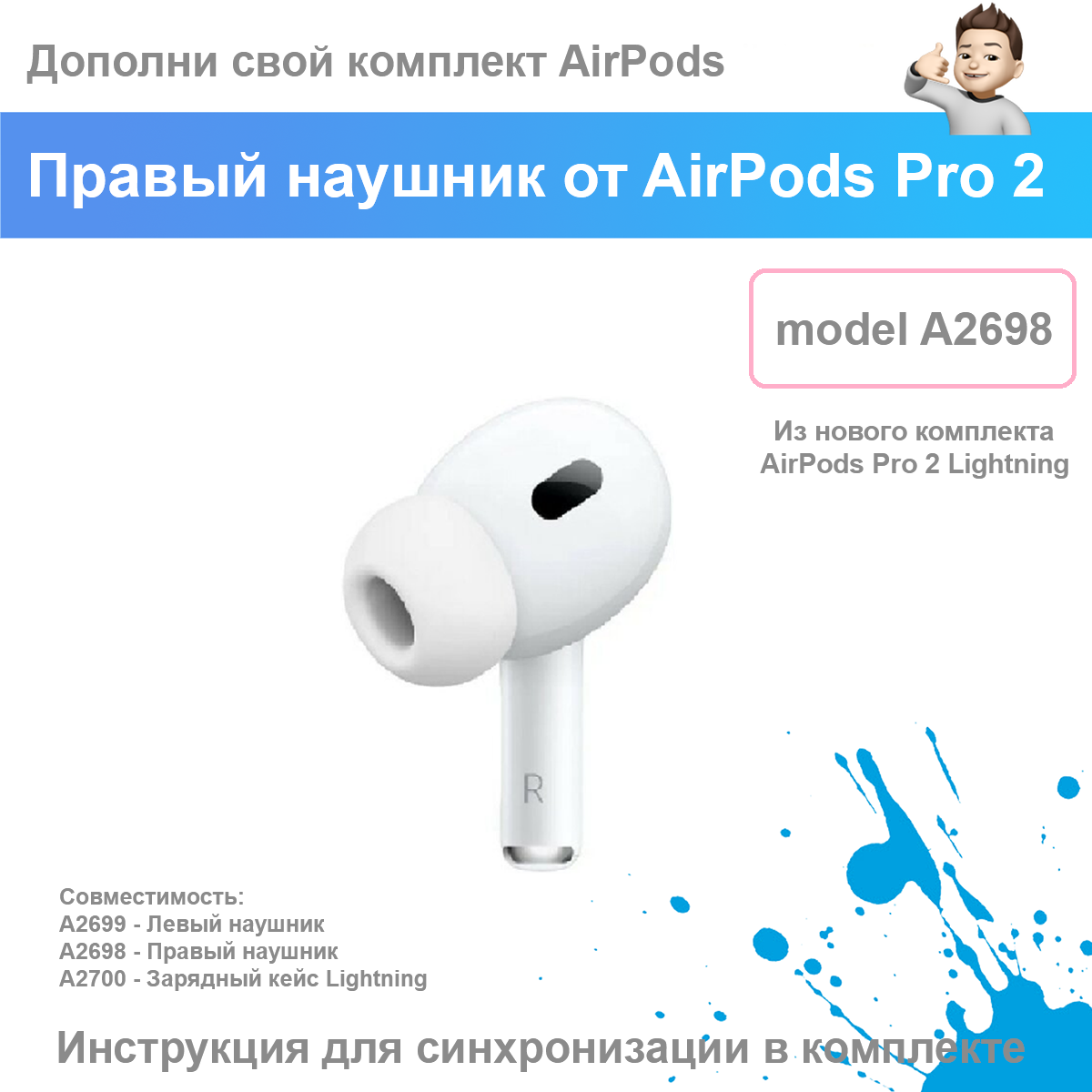 Правый наушник Apple AirPods Pro 2 Lightning (R) модель A2698, новый, оригинальный