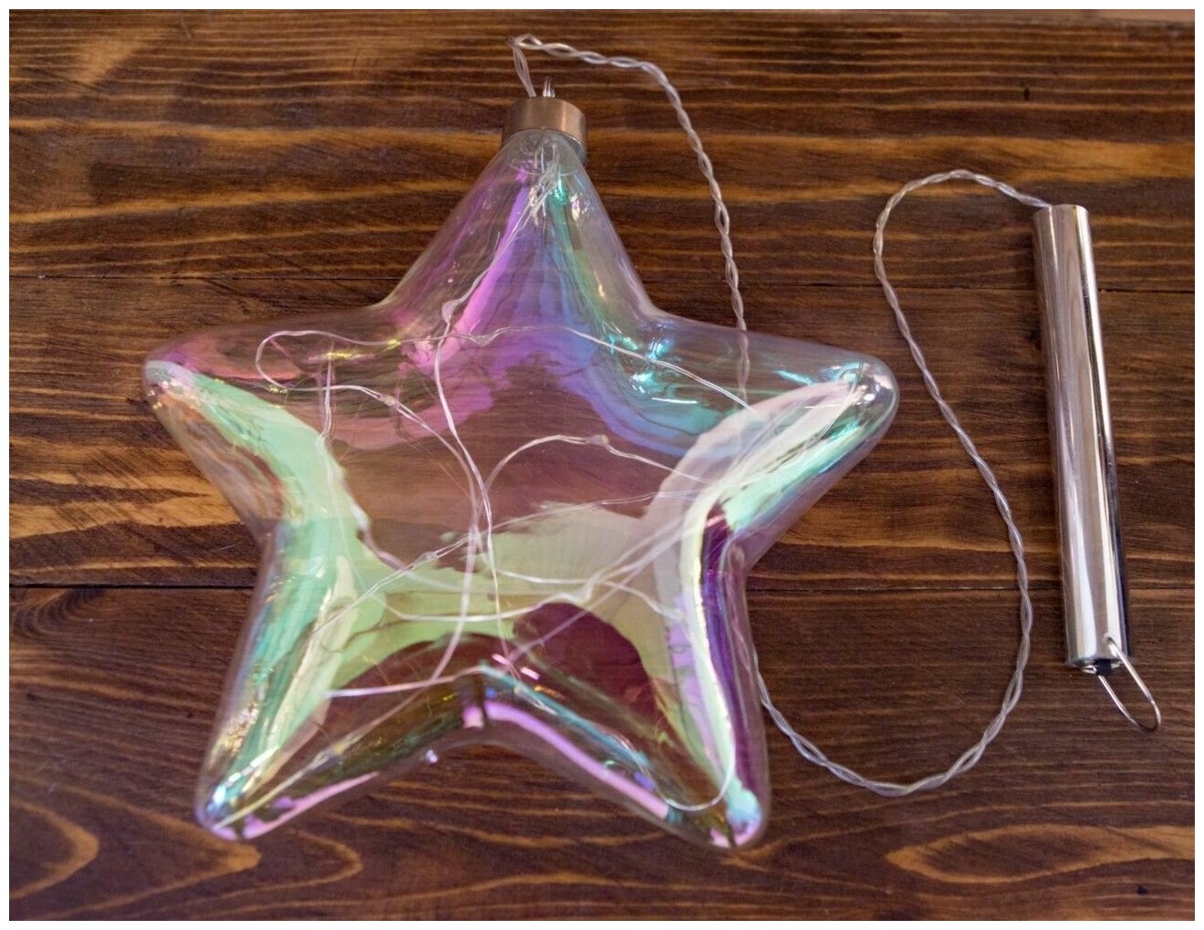 Светящаяся ёлочная игрушка перламутровая звезда, стекло, 15 тёплых микро LED-огней, 18 см, батарейки, Peha Magic GF-15517