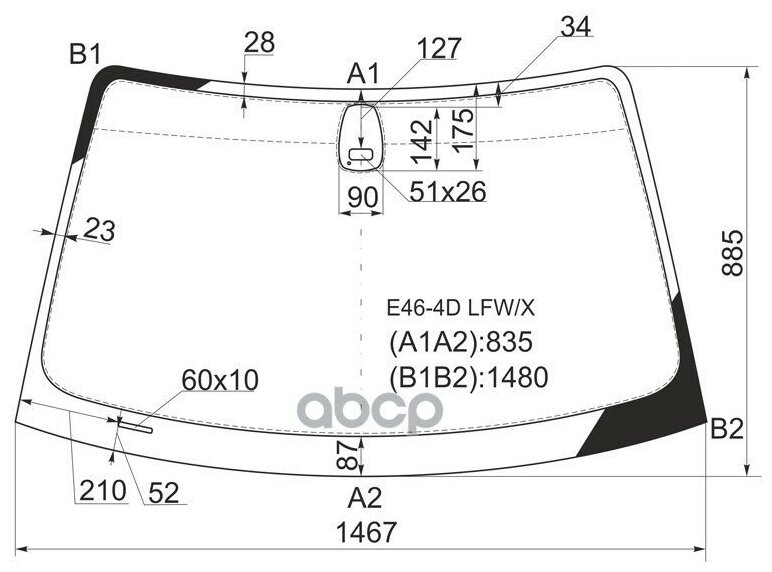 Стекло лобовое (Датчик дождя) BMW 3-Series 98-06 XYG арт. E46-4D LFW/X