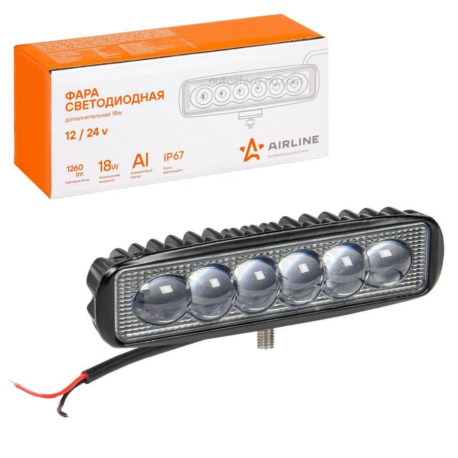 AIRLINE ALED006 Фара светодиодная прямоугольная, 6 LED 4D линза, 18W (157х42х40) 12/24V (ALED006)