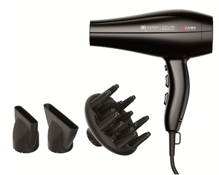 Фен для волос GA.MA Diva 3D Therapy , черный, с диффузором, с ионизацией, 2300 Вт