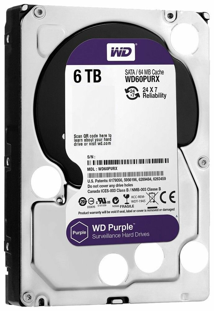 Жесткий диск WD WD60PURX, 6ТБ, для систем видеонаблюдения, форм-фактор 3,5"