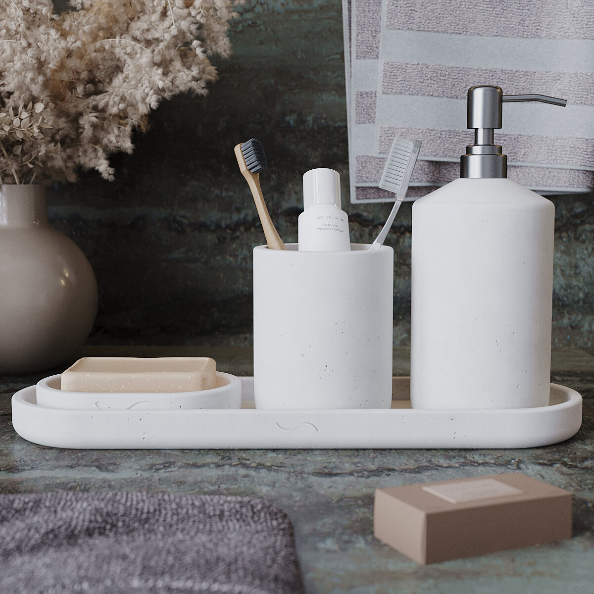 Набор для ванной Astrid 14 (дозатор с метал. помпой, 0,4 л, стакан, мыльница, поднос 36x11 см), бетон, белый матовый