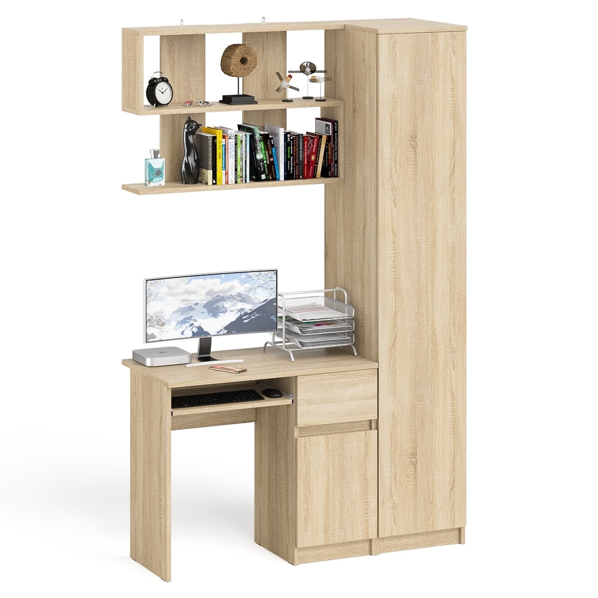 Стол компьютерный Мори МС-1 правый + Пенал МШ400.1 + Полка 900, цвет дуб сонома