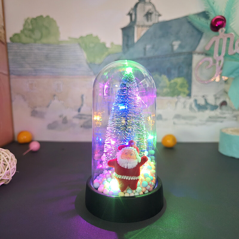 Новогодняя елка в колбе с фигуркой Деда Мороза, настольная, с подсветкой, зеленая