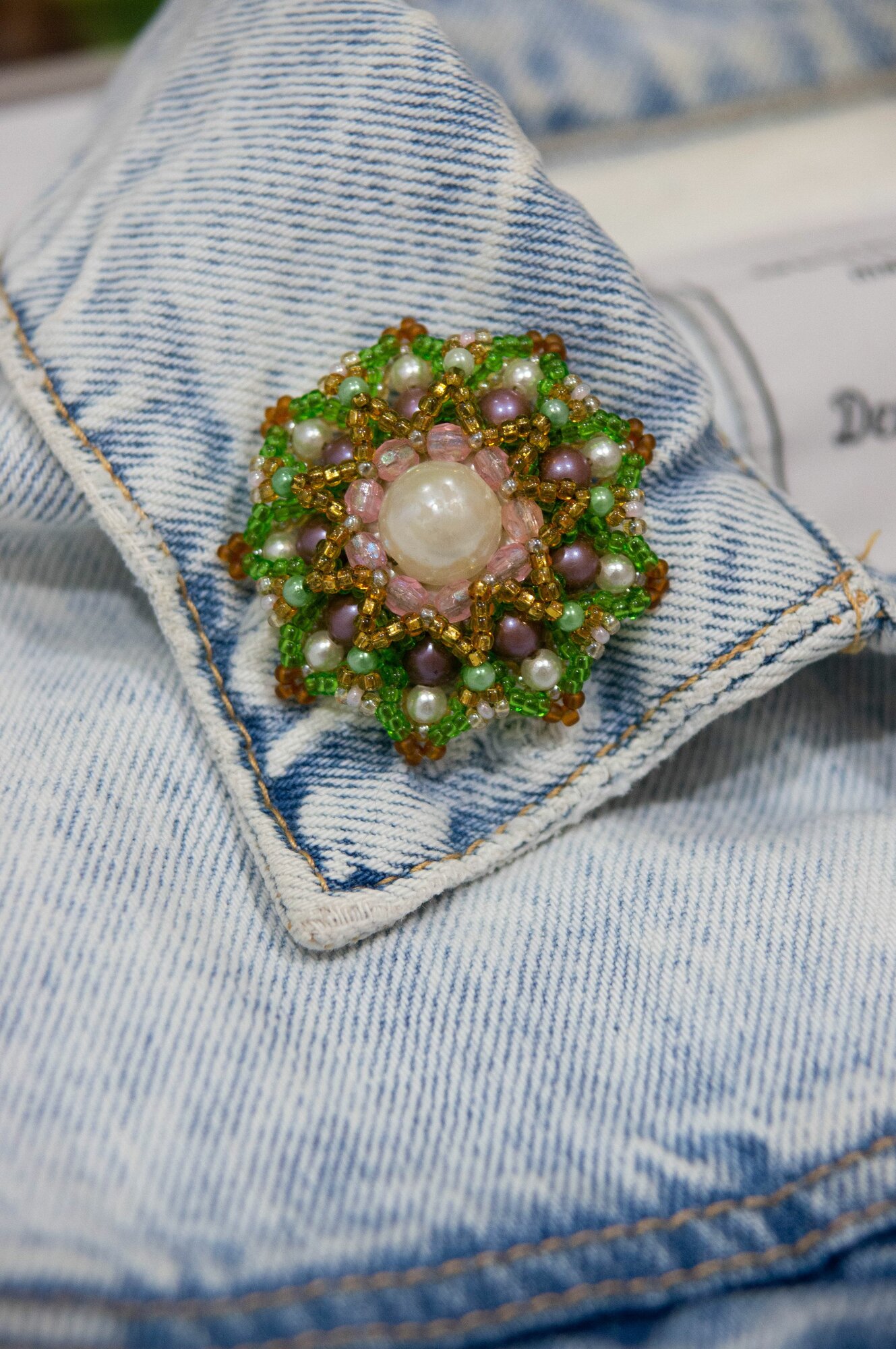 Брошь, бисер, жемчуг имитация, стразы