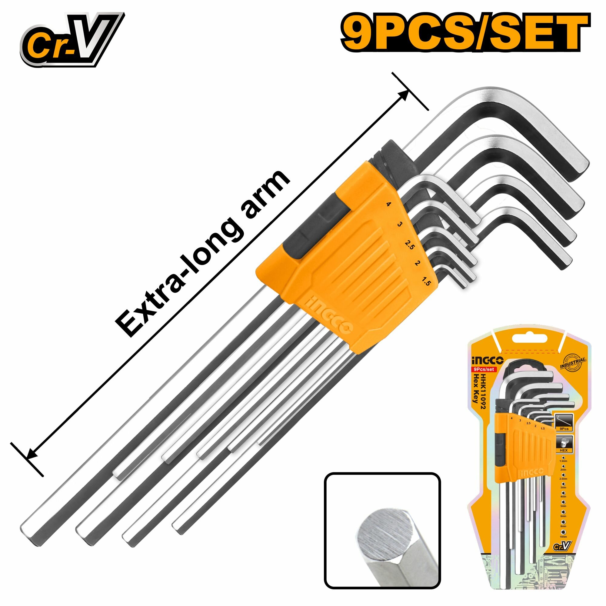 Набор шестигранников HEX Extra Long INGCO HHK11092 INDUSTRIAL 1,5-10 мм