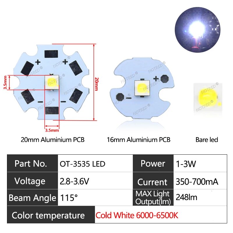 OTCRREE 3535 3W LED чипы 3000K 4500K 6500K APT-Cold White 6500K, On 16mm Aluminum PCB, 3W-10pcs