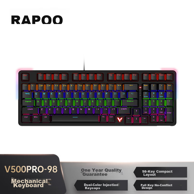 Механическая клавиатура Rapoo V500PRO-98 с подсветкой RGB и боковыми световыми полосами, 98 клавиш, красные клавиши,