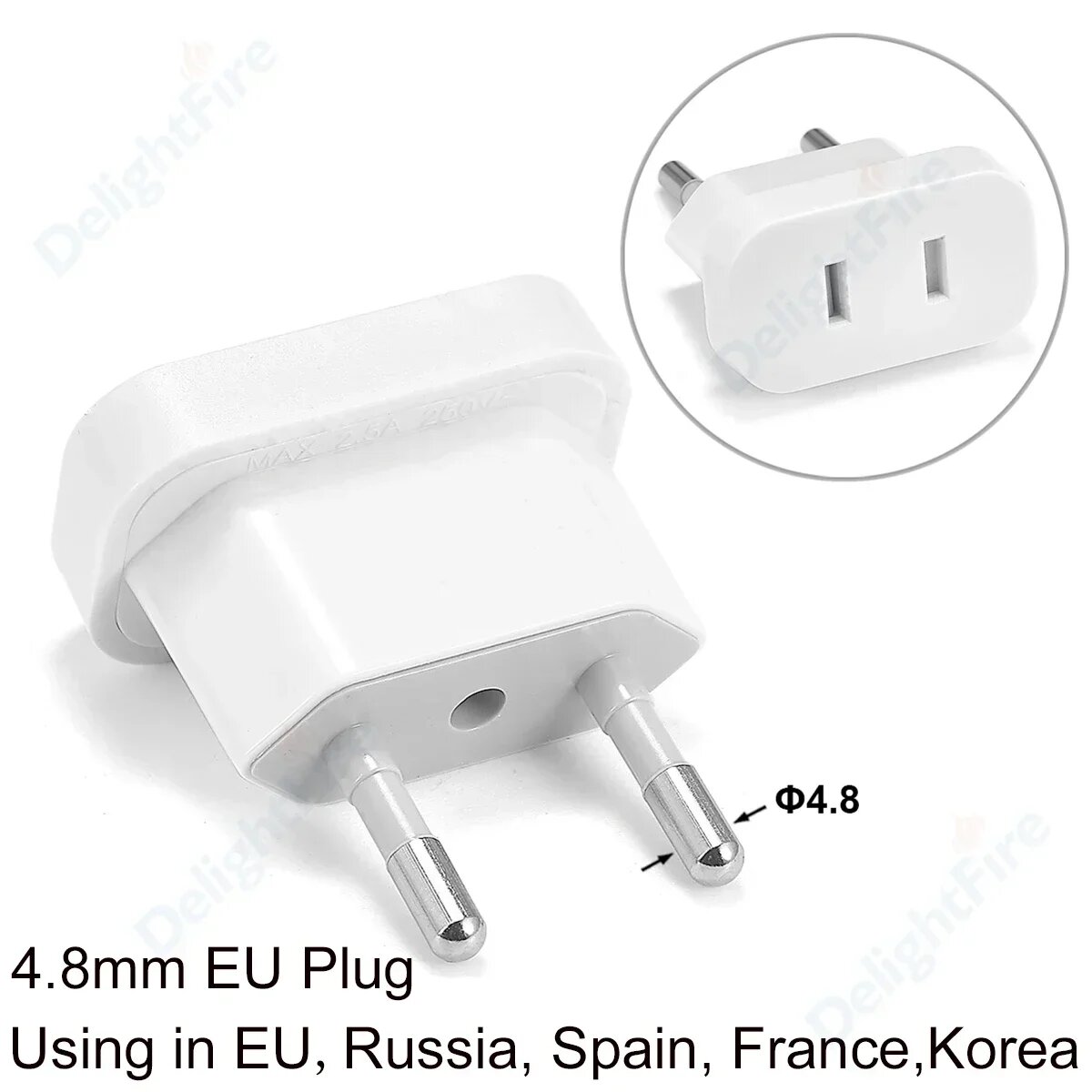 Дорожный адаптер DelightFire, евровилка EU Plug-White 4.8mm