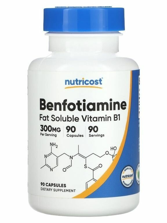Бенфотиамин, жирорастворимый витамин B1, 300 мг, 90 капсул, Nutricost