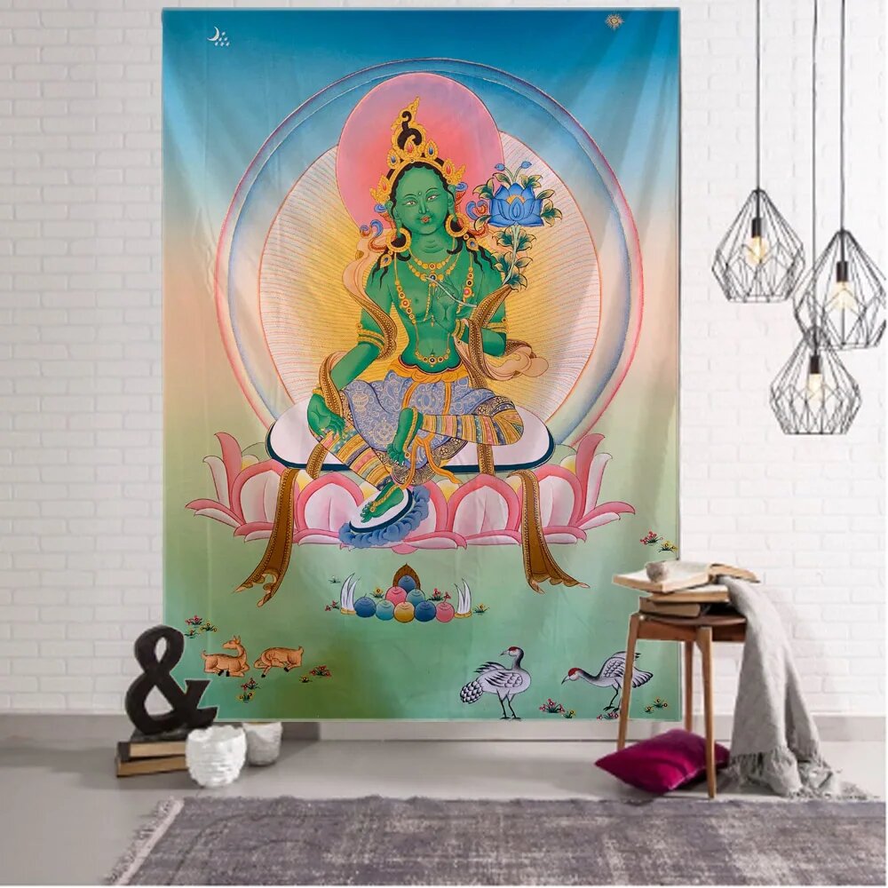 Гобелен с изображением Будды, лотоса, чакр, мандалы, полиэстер 90x75cm, темный хаки