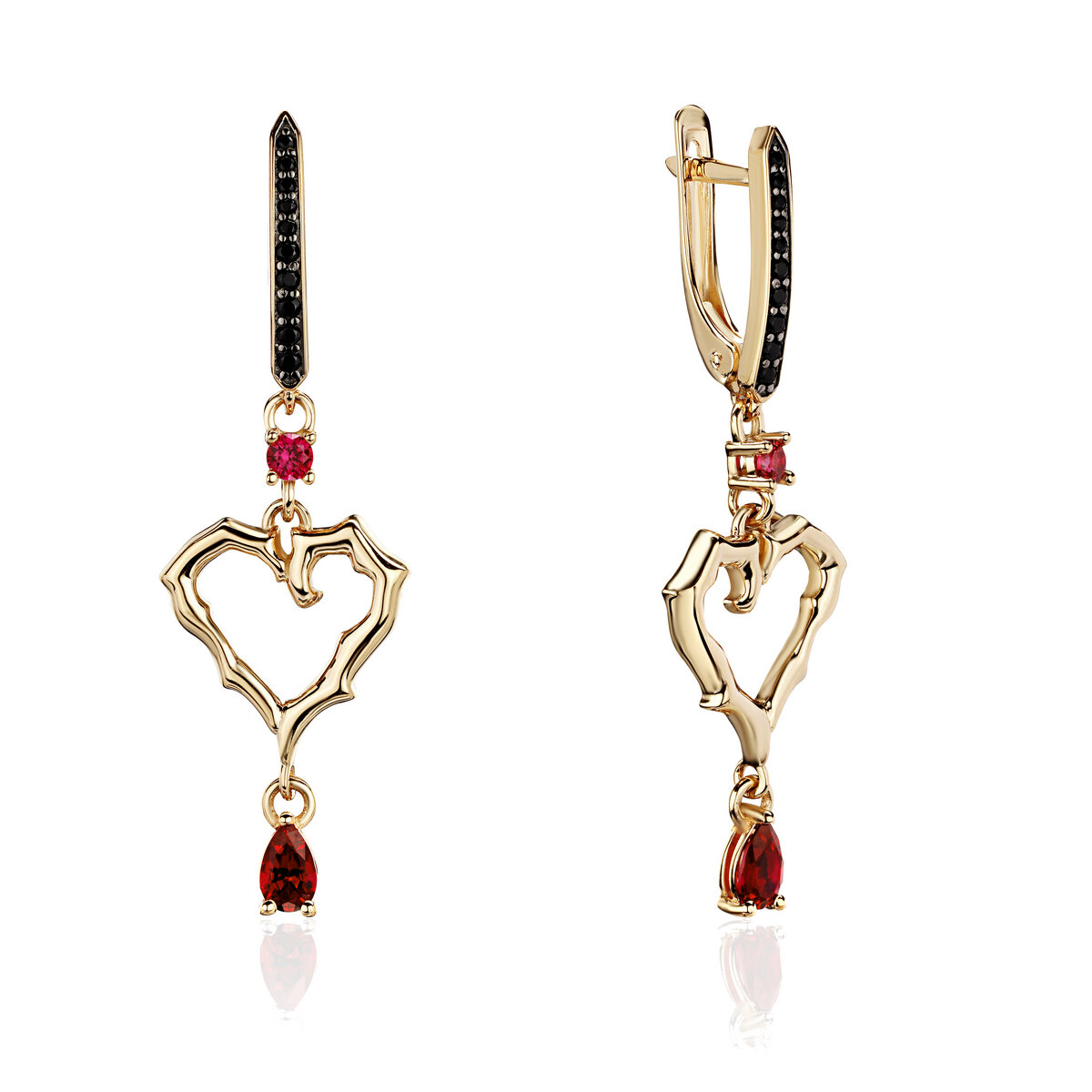 Серьги Эстет, желтое золото, 585 проба, рубин, рубин синтетический, шпинель