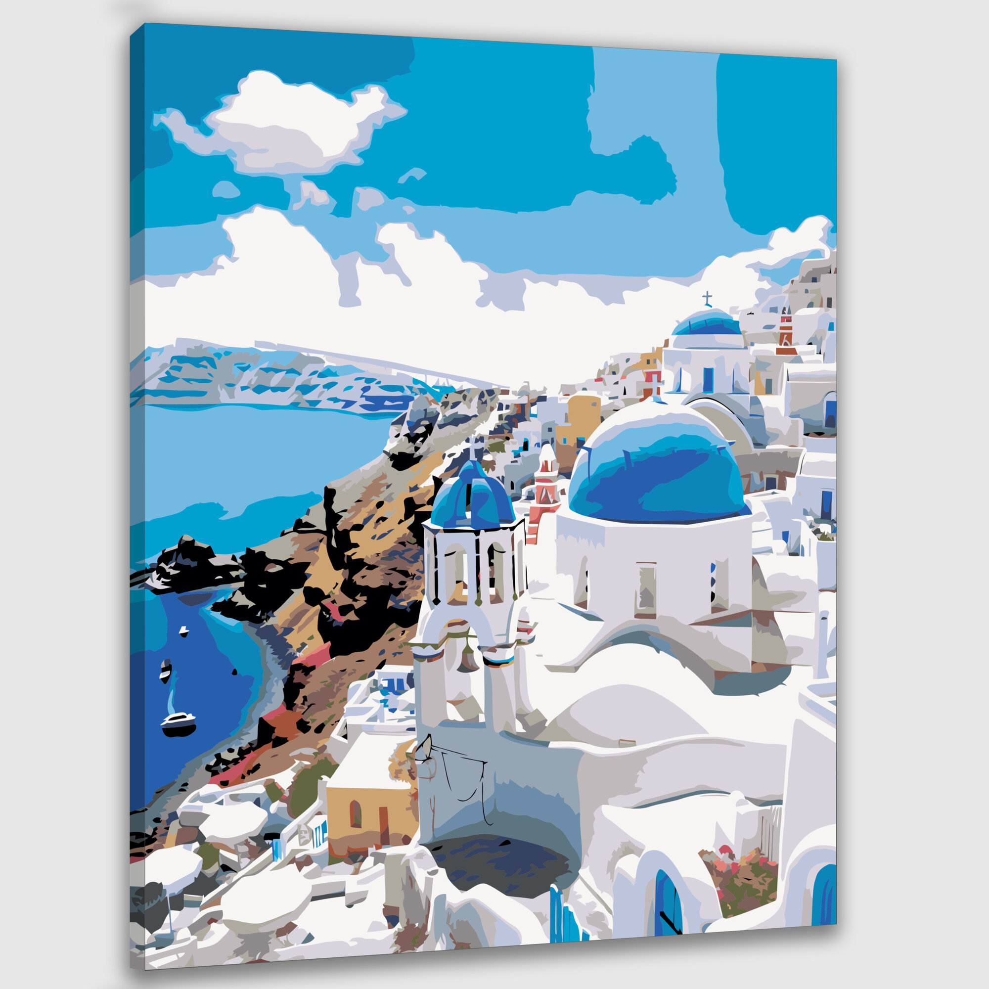 Картина по номерам 40x50 см, аэрофотосъемка, Санторини, побеленные здания, утесы, Эгейское море, голубые купола церквей