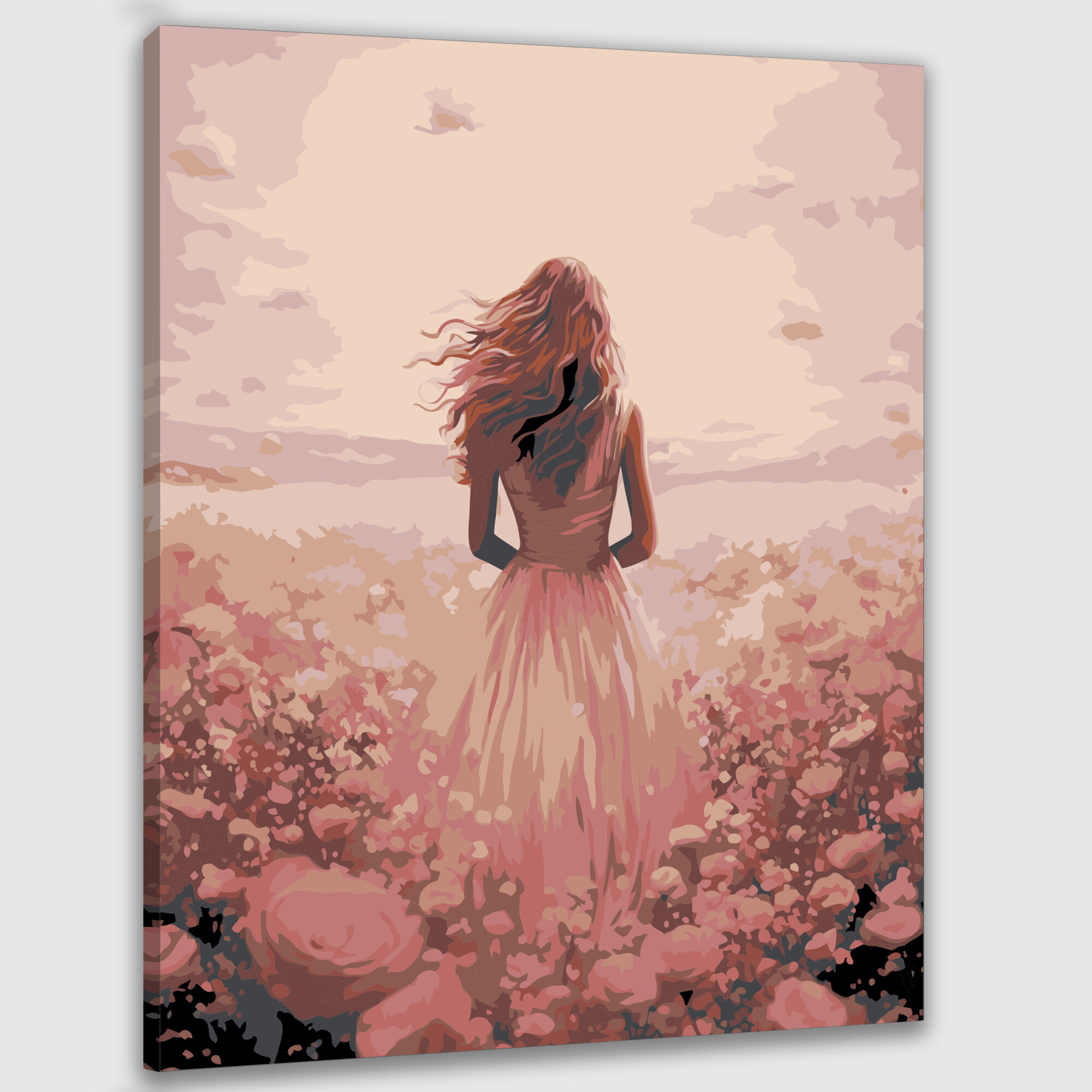 Картина по номерам 40x50 см, девушка, поле, розовые цветы, лепестки, атмосфера, мечтательность, розовый мир