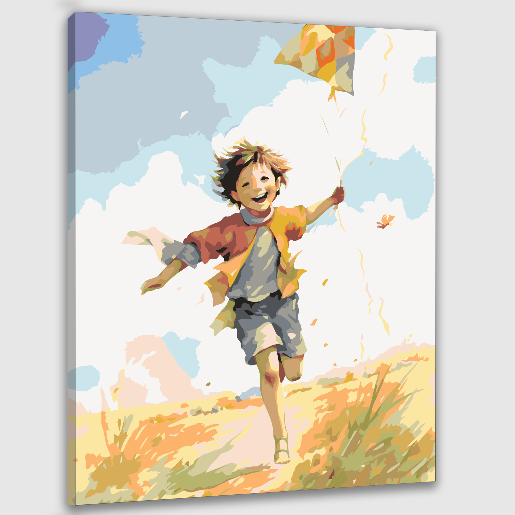 Картина по номерам 40x50 см, ребенок, бегущий, поле, воздушный змей, радость, игра, иллюстрация, акварель, волосы
