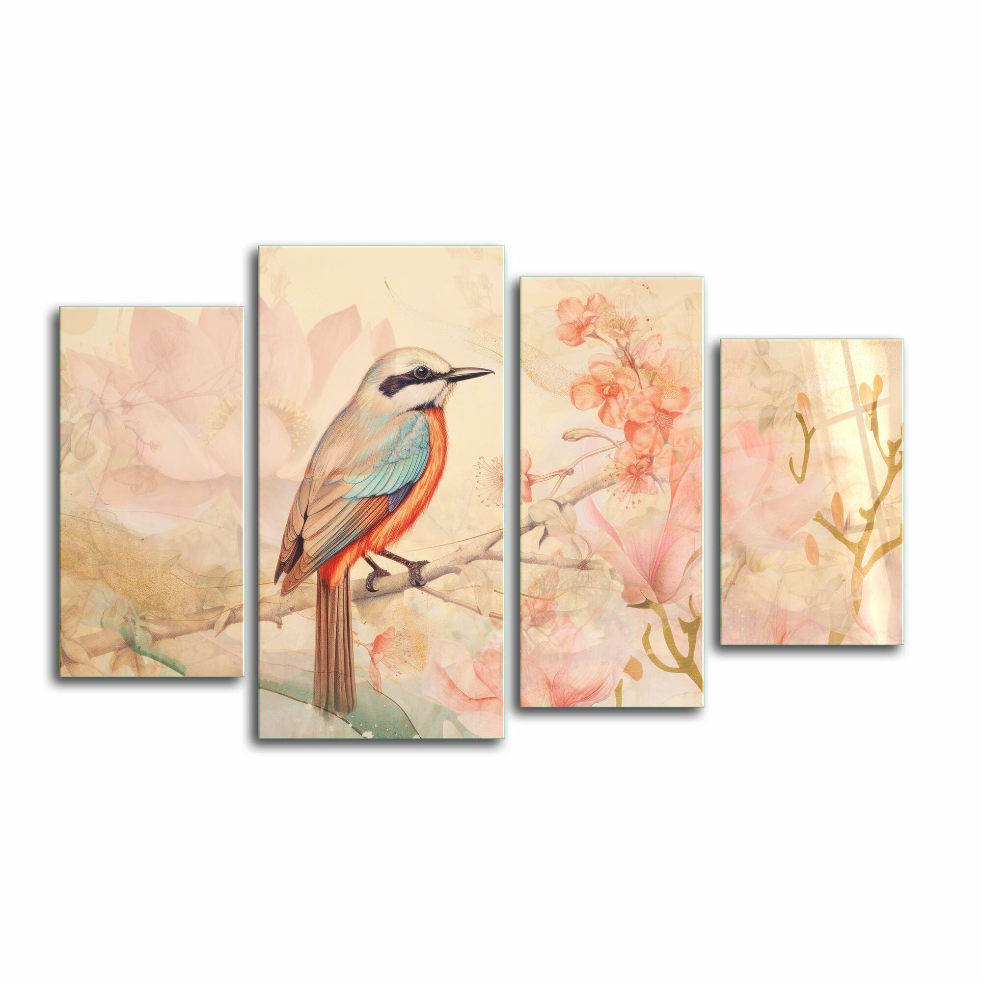 Картина модульная 130х80 см на стекле для интерьера/ Птичка в кремовом саду, Diva Kartina