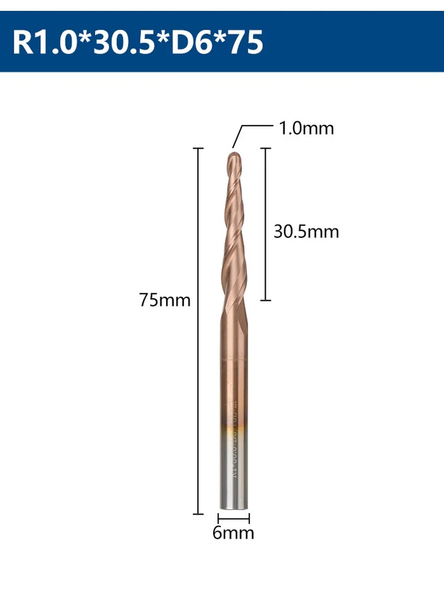 Фреза конусная двухзаходная сферическая 1,0х30,5х6х75 мм