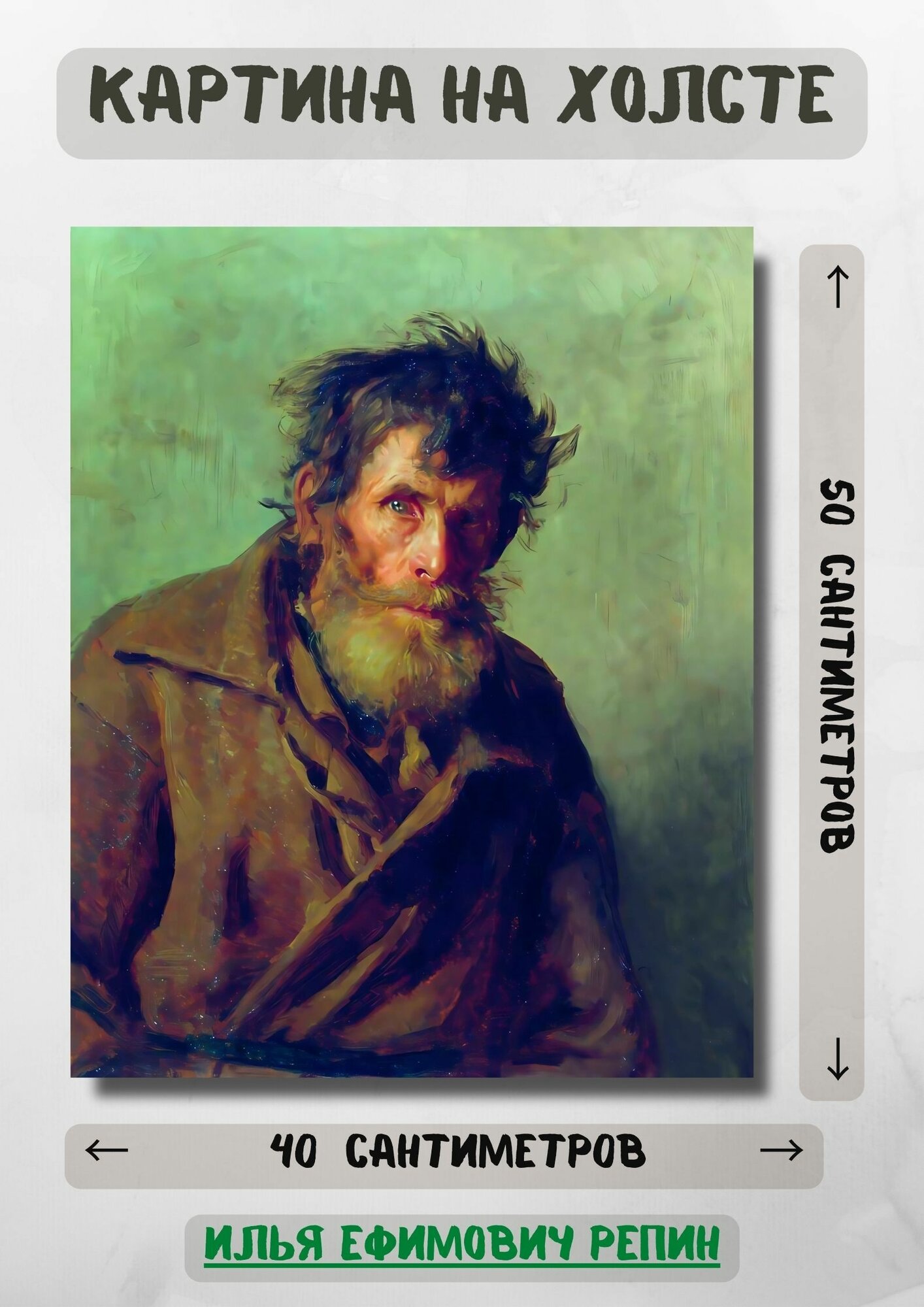 Илья Ефимович Репин "Мужичок из робких". Картина 50х40