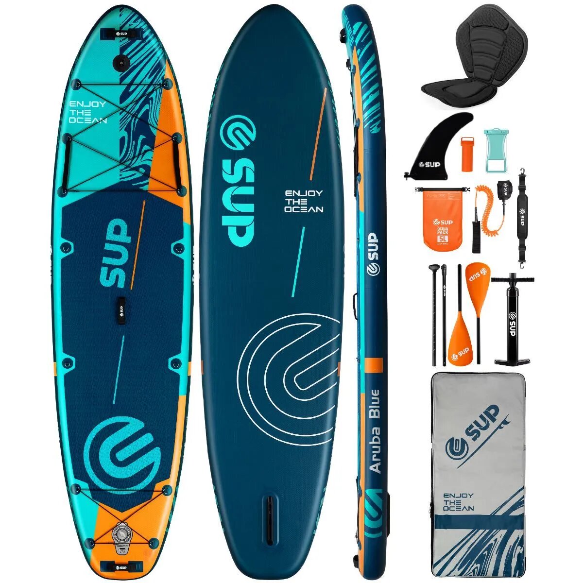 Надувная SUP-доска E-SUP ARUBA PRO 11'6" 350x86x15 см с сиденьем, двойными веслами и аксессуарами, Надувной сапборд