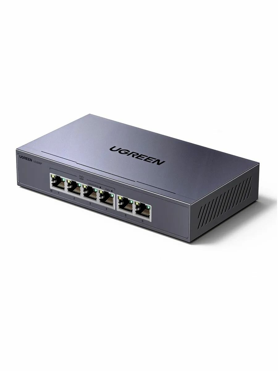Коммутатор сетевой UGREEN CM741 (35371EU) 6-Port 4*PoE&2*Gigabit Ports Ethernet Switch. Цвет: серый космос.