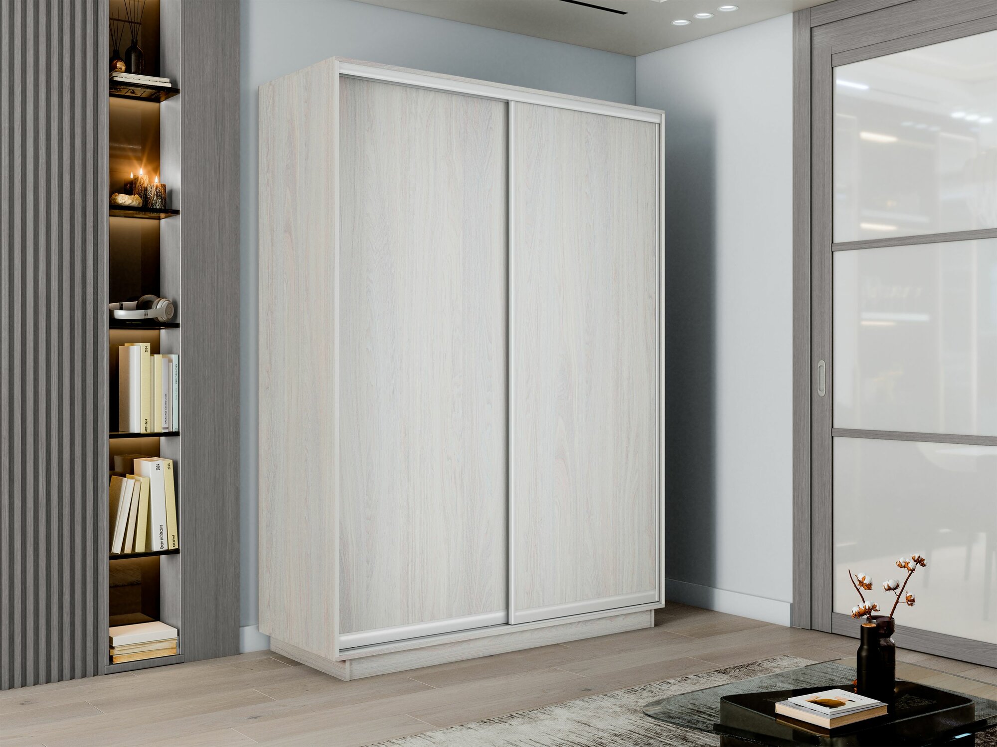 Шкаф купе Вилли 2-х дверный ЛДСП, профиль серебро 120 см х 220 см х 45 см (Ясень анкор-светлый)