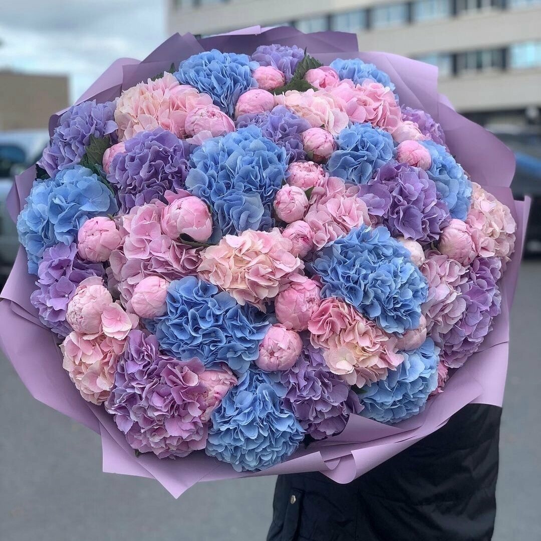 Букет из разноцветных гортензий и розовых пионов, красивый букет цветов, шикарный, премиум цветы, премиум букет