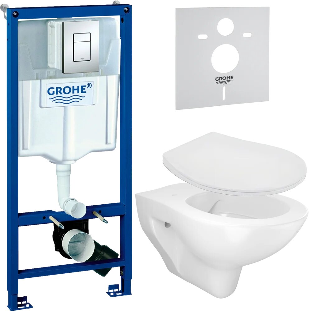 Комплект 4 в 1 Унитаз подвесной STWORKI Хедмарк 3510 безободковый / Сиденье Smart 0302 быстросъемное, с микролифтом / Инсталляция с кнопкой Grohe Rapid SL 38772001 цвет хром, Звукоизоляция 37131000