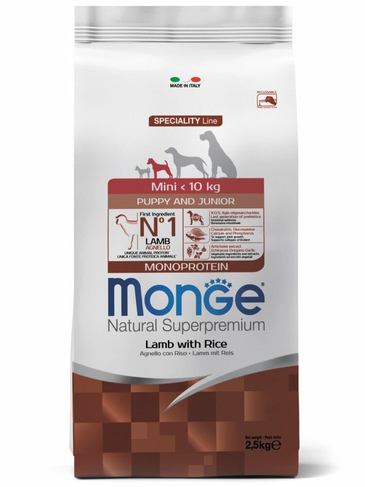 Сухой корм Monge Dog Speciality Line Monoprotein Mini корм для щенков мелких пород, из ягненка с рисом, 2.5 кг