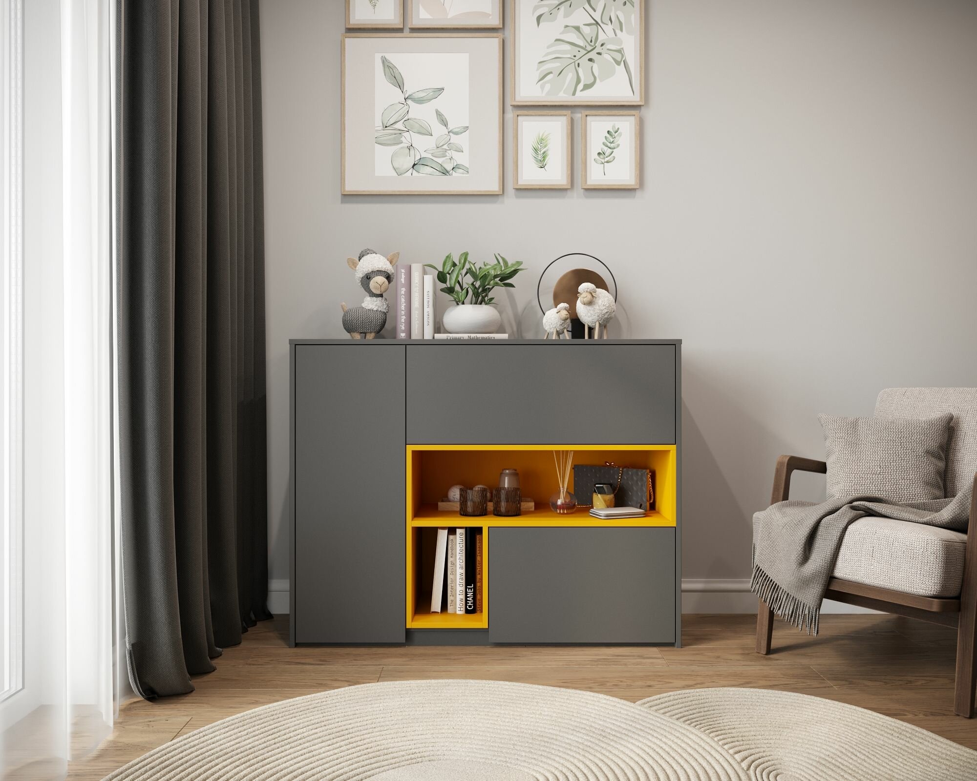 Комод с ящиками "Рокки 8" 120х95х40 Серый графит / Солнечный свет