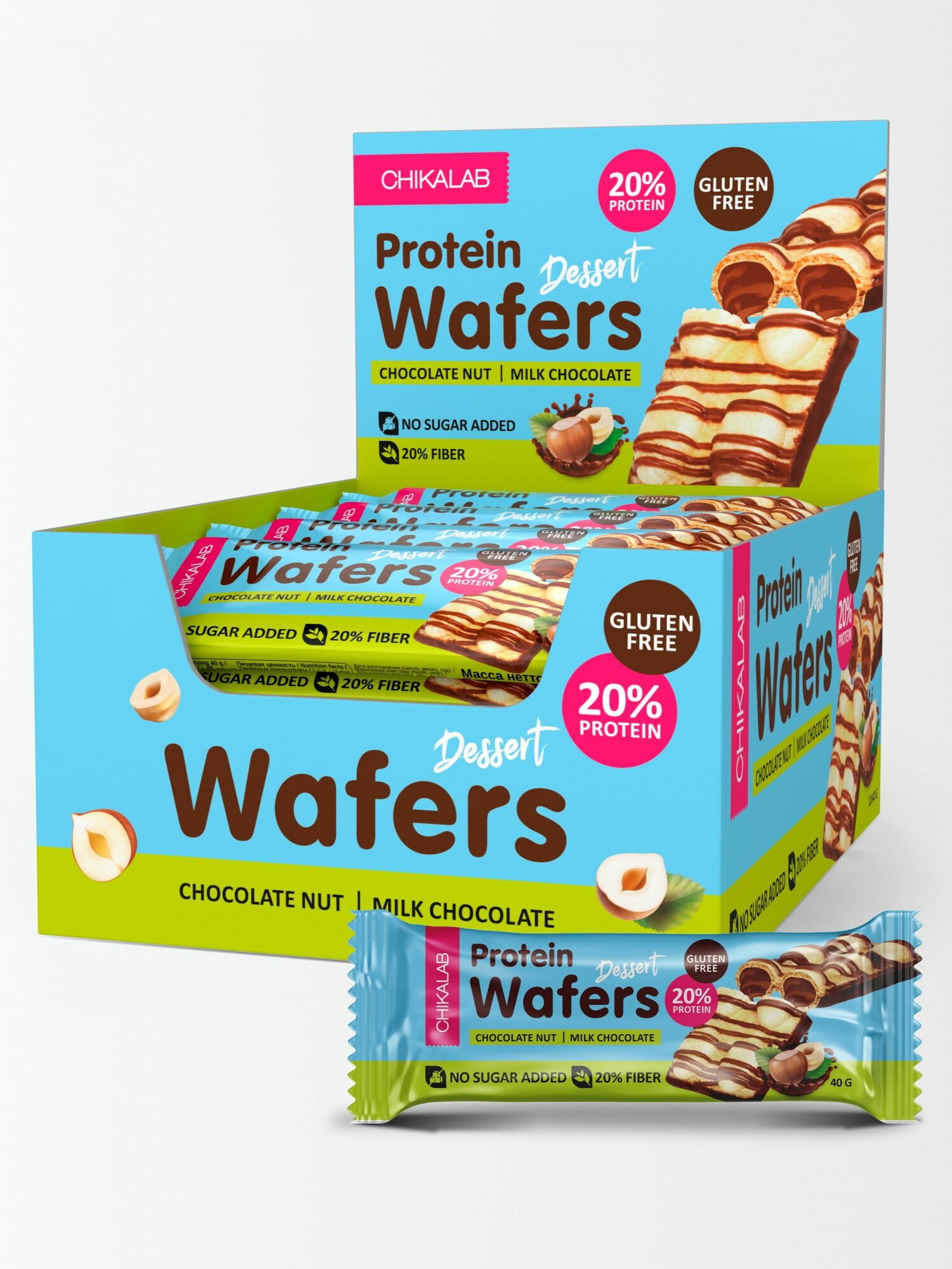 Батончик Chikalab Шоколадно-ореховый десерт вафельный глазированный, 20шт х 40г