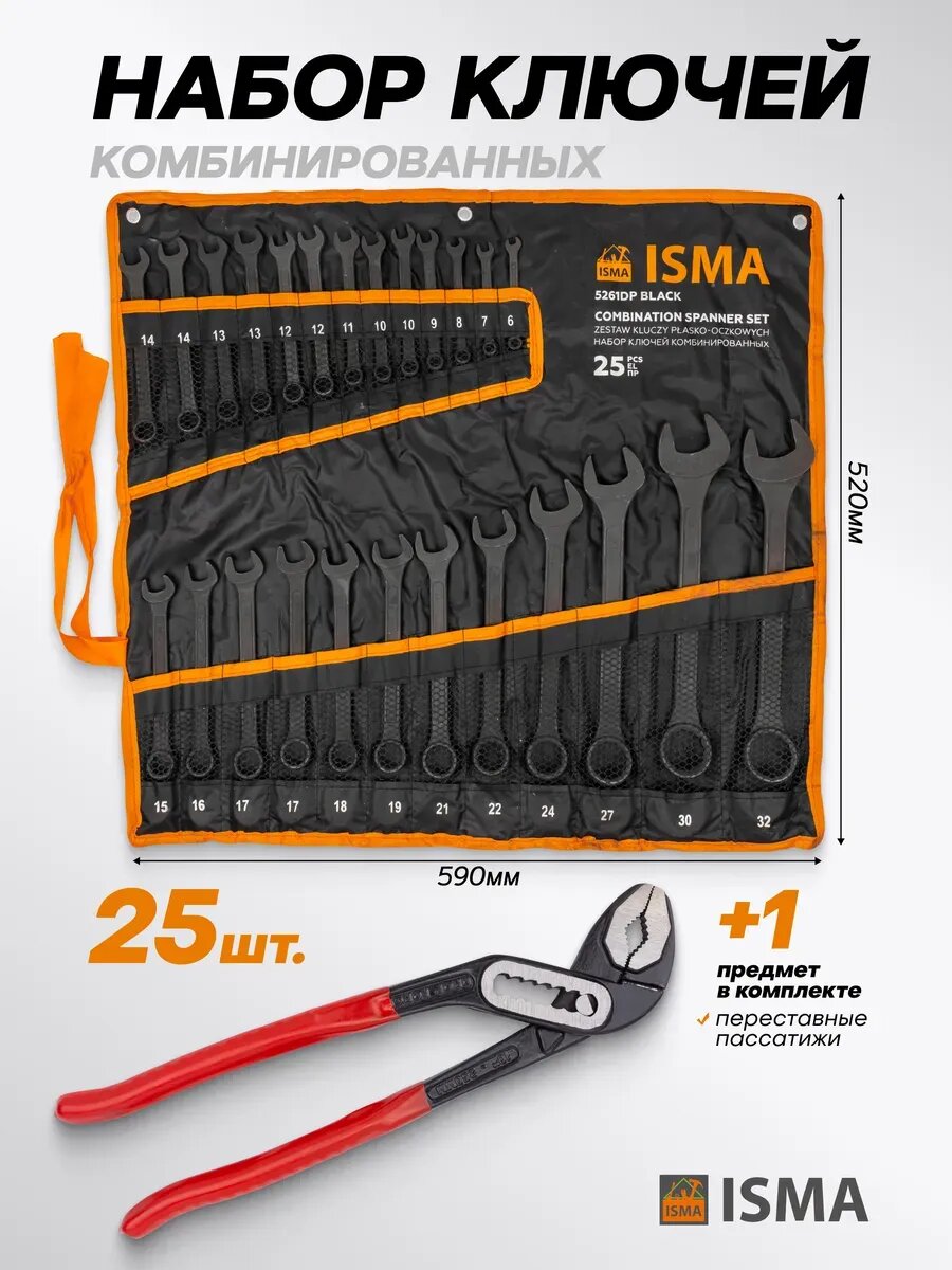 Набор ключей комбинированных 25шт с пассатижами переставными