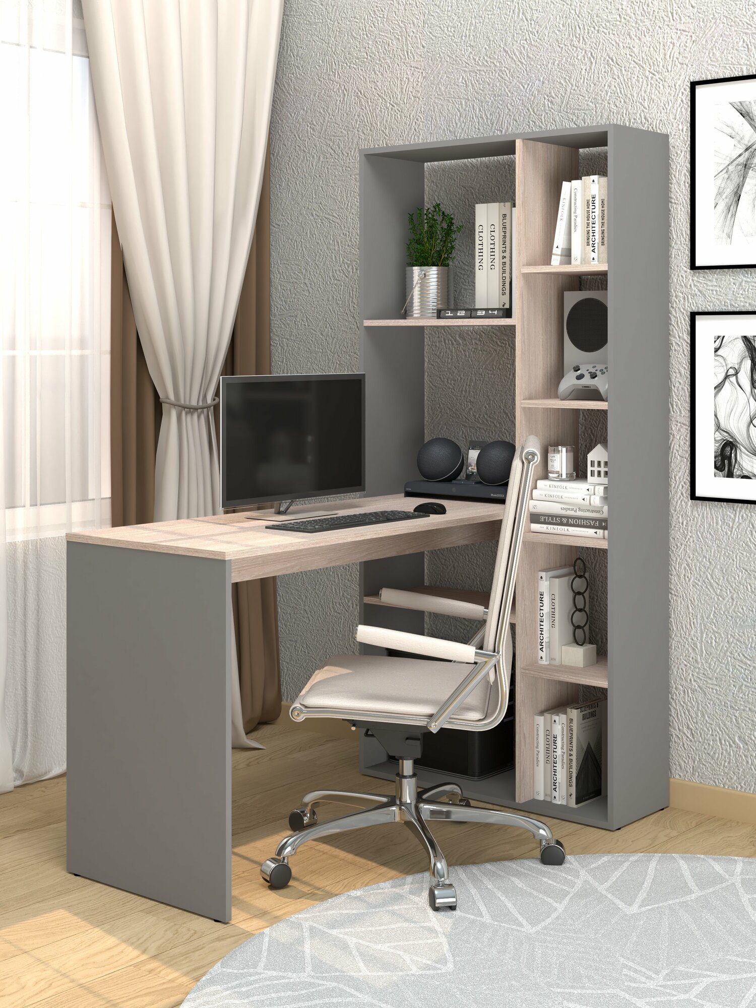 Есэндвич Лаворо 13 Письменный стол со стеллажом 130х170х80 см (Анкор светлый/Вулканический серый)