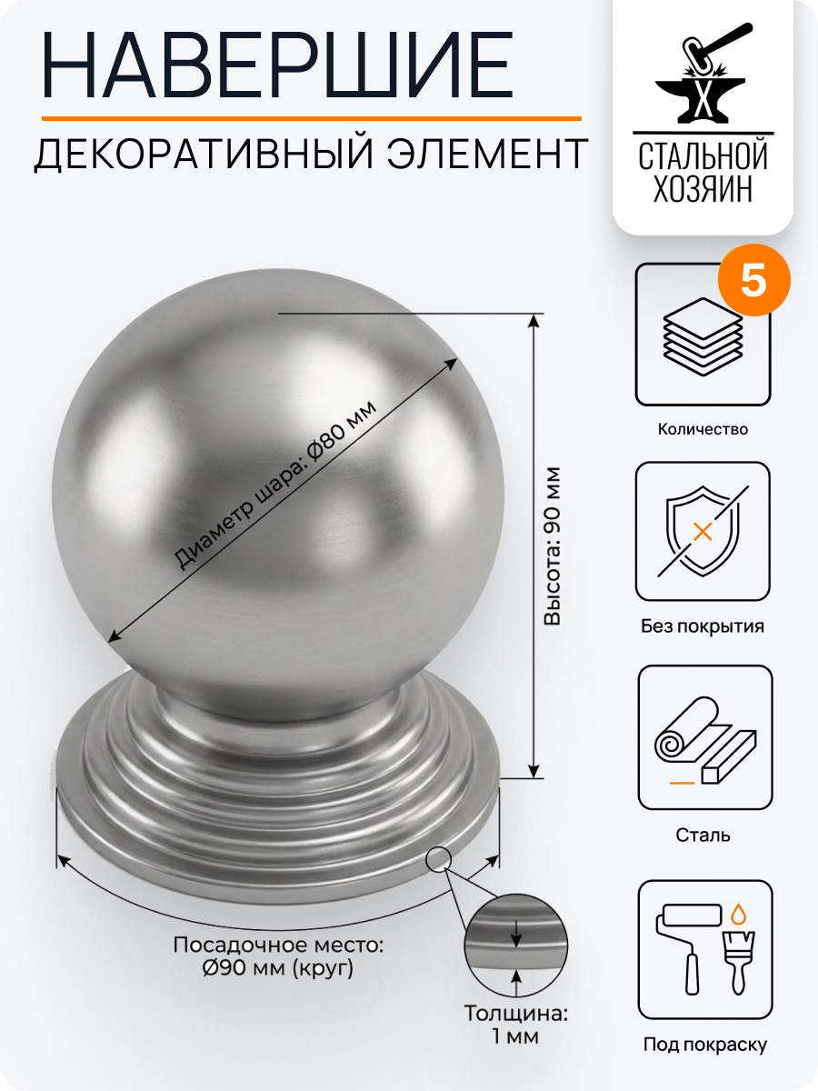 5 шт. Стальная заглушка навершие на круглую трубу. Посадочное место 90 мм