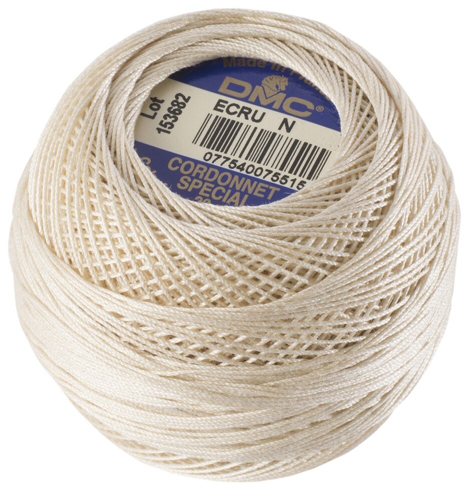 Нити DMC CORDONNET для вязания крючком (№60), 100% хлопок (цвет: Ecru - снежно-белый, 20 гр, 296 метров)