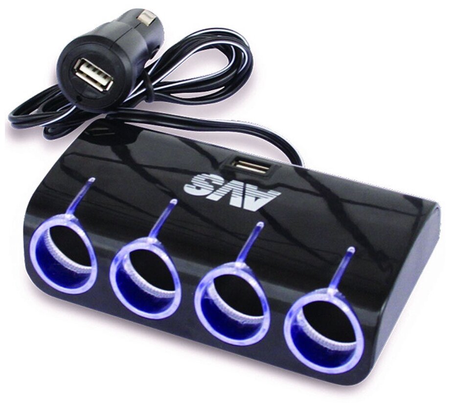 Разветвитель прикуривателя с подсветкой на 4 выхода + 2 USB 12/24V AVS ...