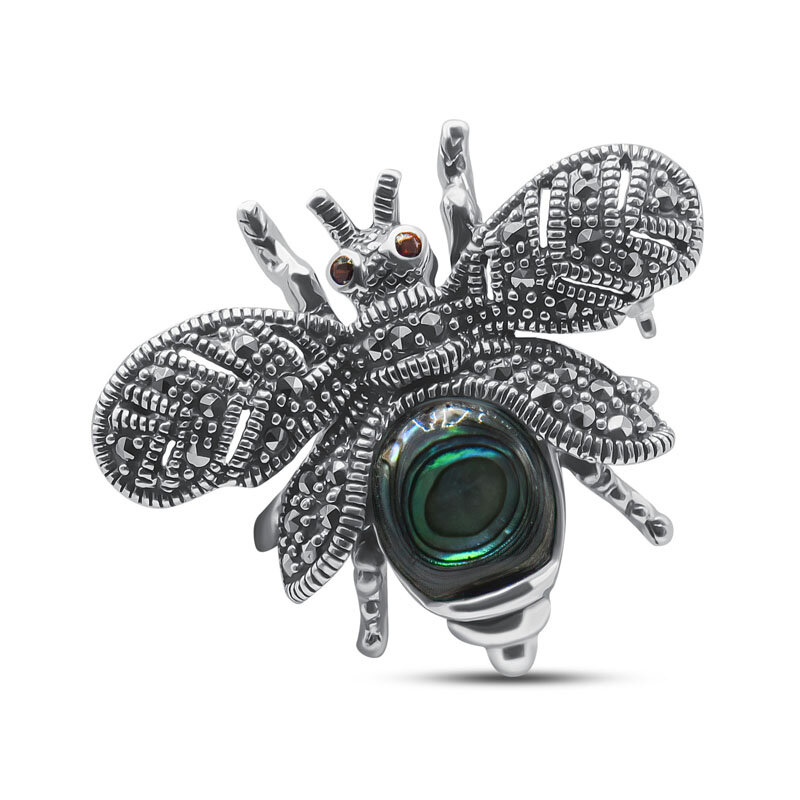 Брошь, серебро, 925 проба, перламутр, марказит