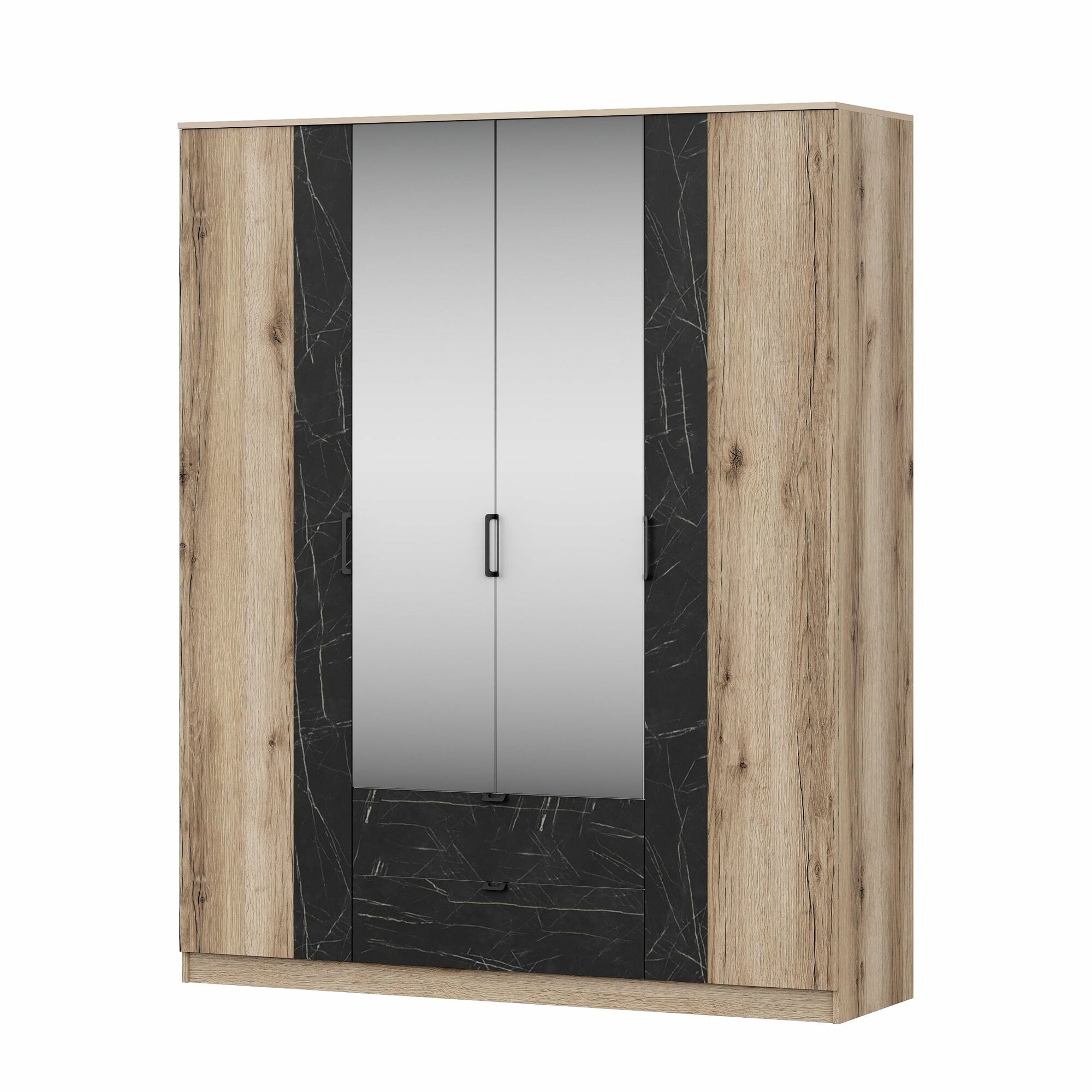 Шкаф четырехстворчатый Омега от Астрид-Мебель с зеркалом, 2 ящиками и дверцами 180х53х220см. Цвет Дуб Делано/Камень Пьетра