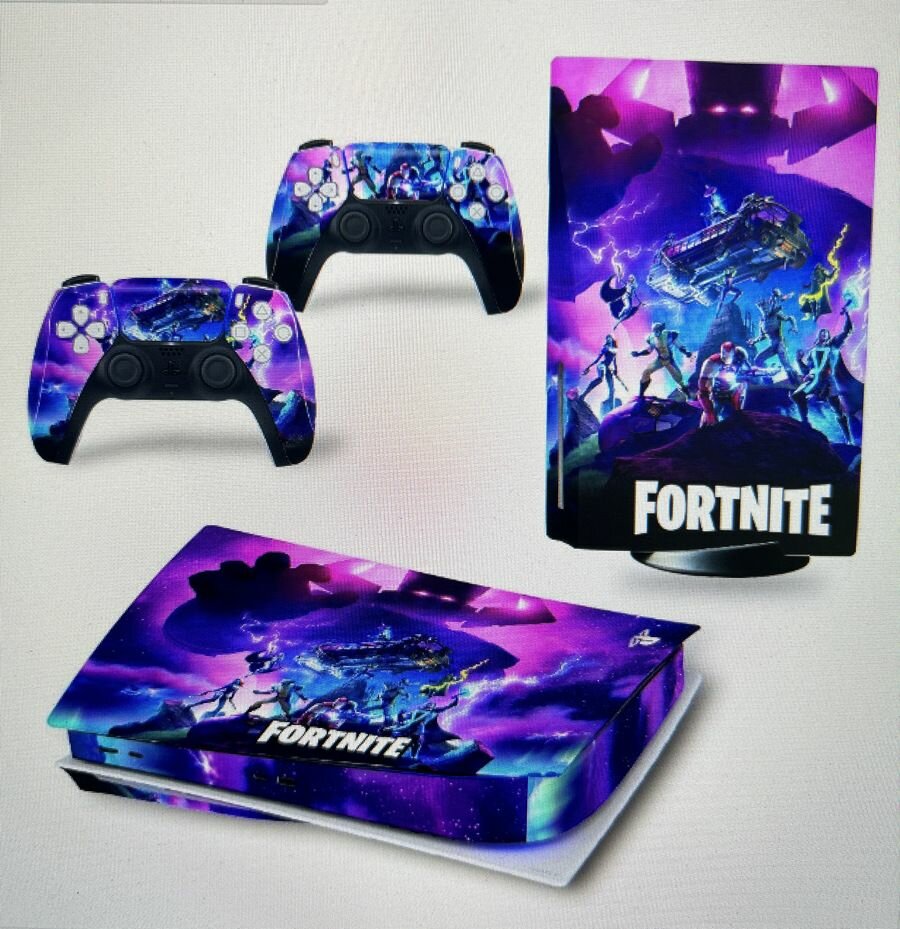 Наклейка виниловая защитная на игровую консоль Sony PlayStation 5 Fat Disc Edition, Fortnite, полный комплект с геймпадами