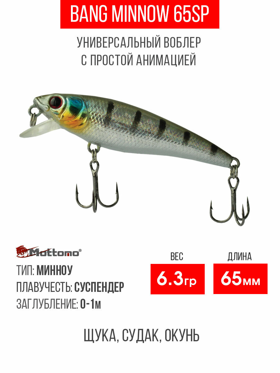 Воблер для рыбалки Mottomo Bang Minnow 65SP 6,3g, минноу суспендер для спиннинга, твичинга. Приманка на щуку