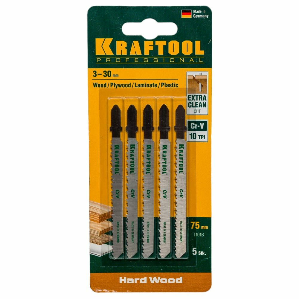 Пилки для электролобзика Cr‑V по дереву, EU‑хвостовик, 5 штук Kraftool 159511‑S5, высокопрочная сталь