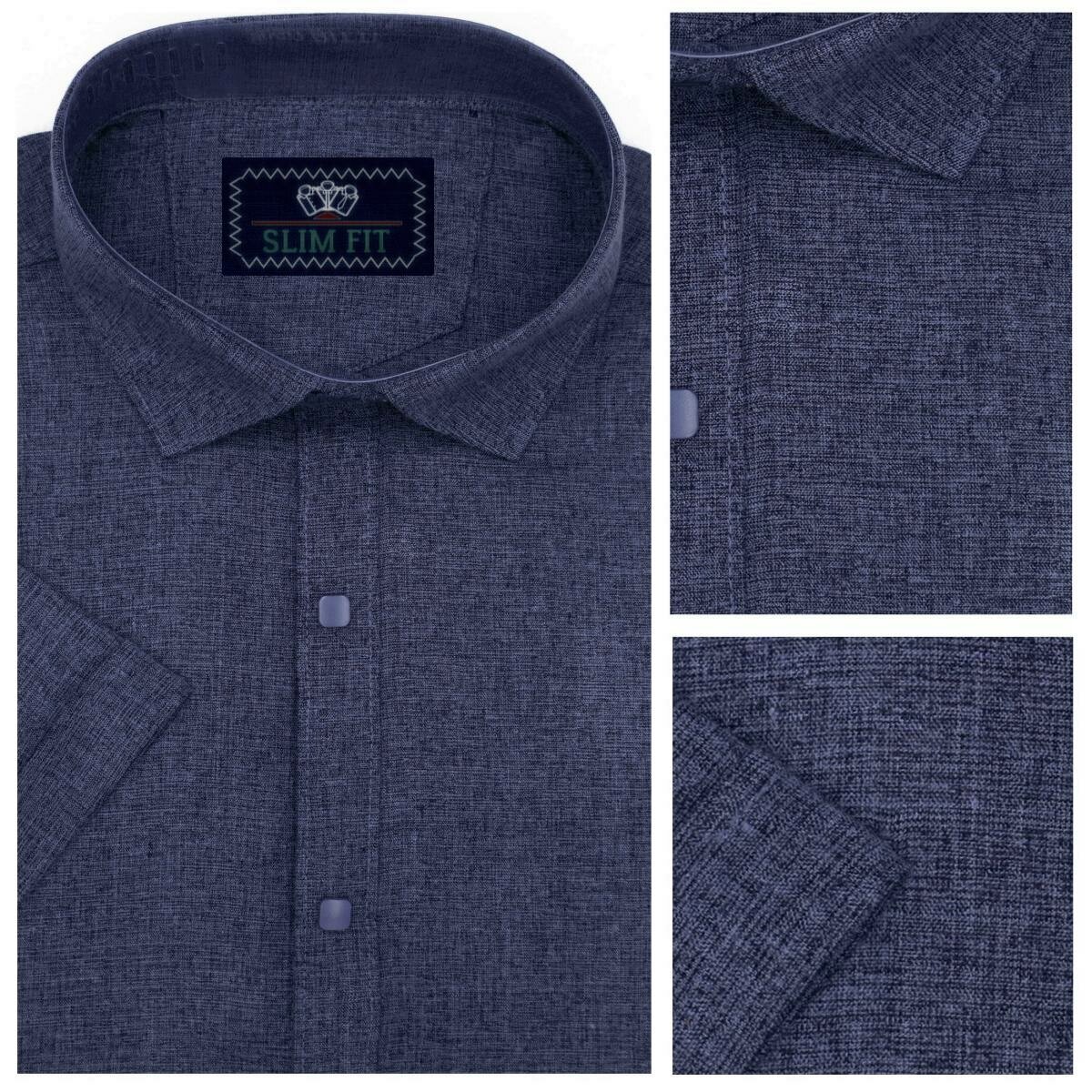 Рубашка Рубашка мужская с коротким рукавом, приталенная, темная сорочка, на кнопках, рубаха на любой сезон, стильный фасон одежды, синяя, однотонная, без карманов, летняя