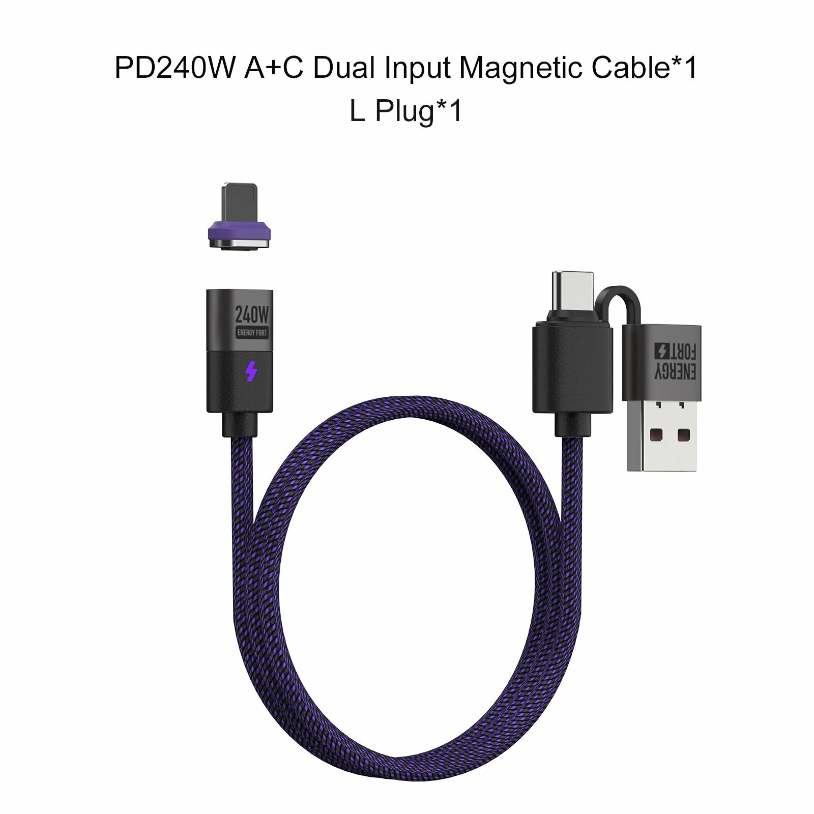 Магнитный кабель 240W USB C, 1.2m, 2 в 1 L Plug