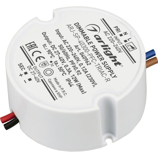 Блок питания Arlight ARJ-SP-40300-PFC-TRIAC-R (12W, 27-40V, 300mA) (, IP44 Пластик, 5 лет)