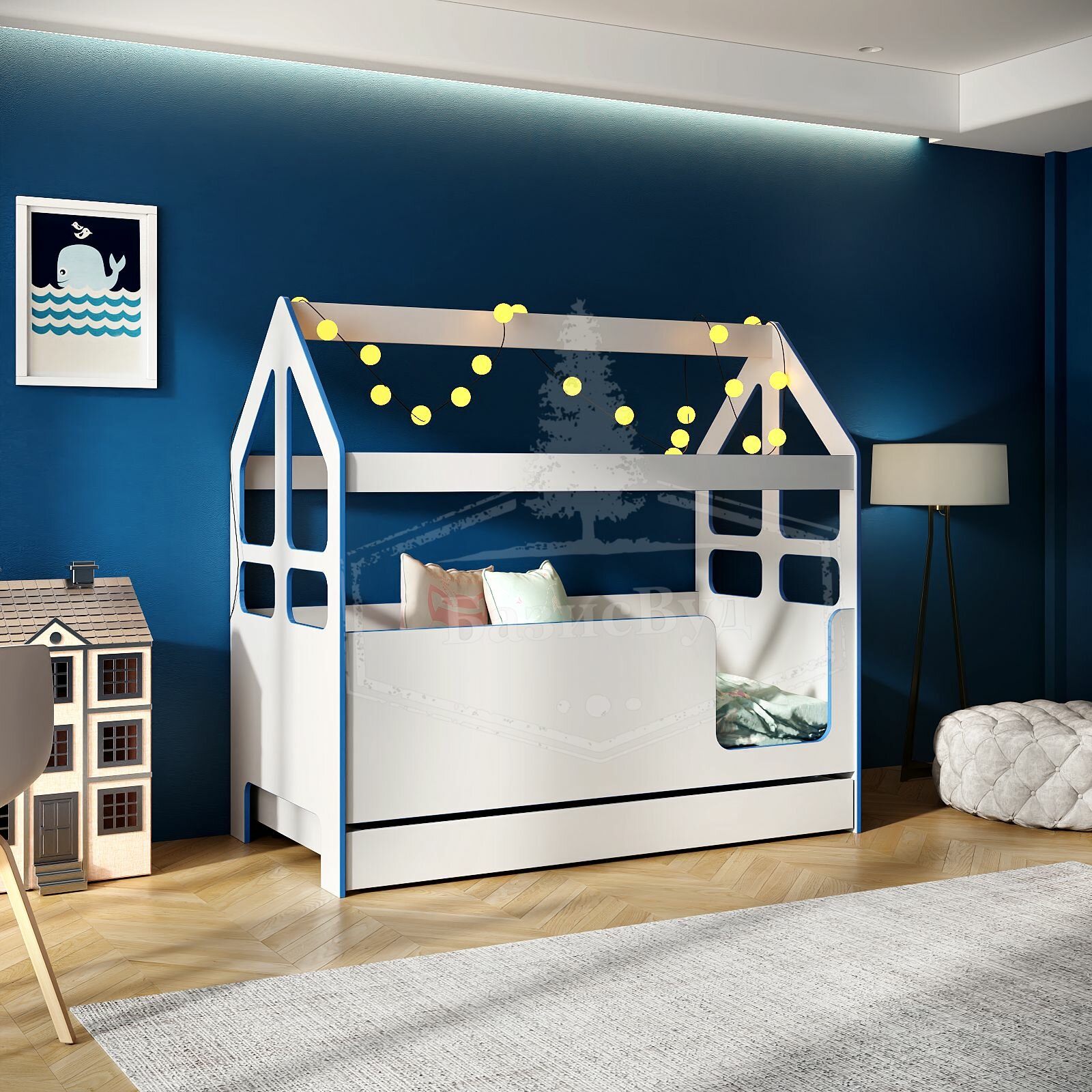 Кровать-домик детская спит САМ с ящиком, с бортиком под матрас 160х80, БазисВуд, цвет синий, вход универсальный