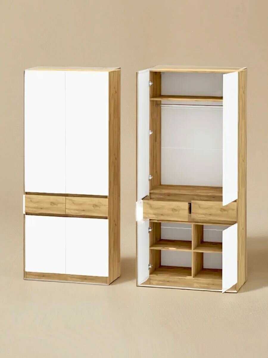 Шкаф распашной 2-х створчатый Иннэс 10 (100х240х52.4) Белый глянец/Дуб Крафт золотой