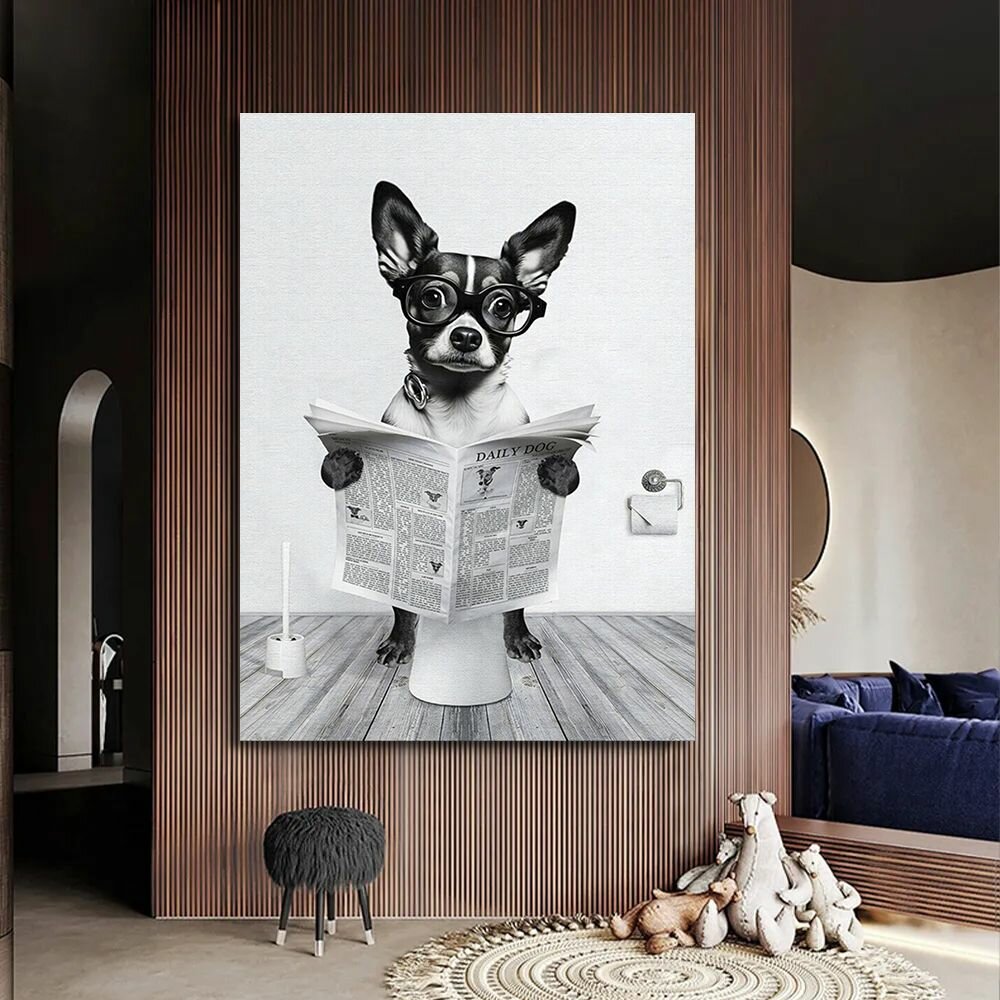 Картина в туалет, собака на унитазе, Чихуахуа читает газету в туалете