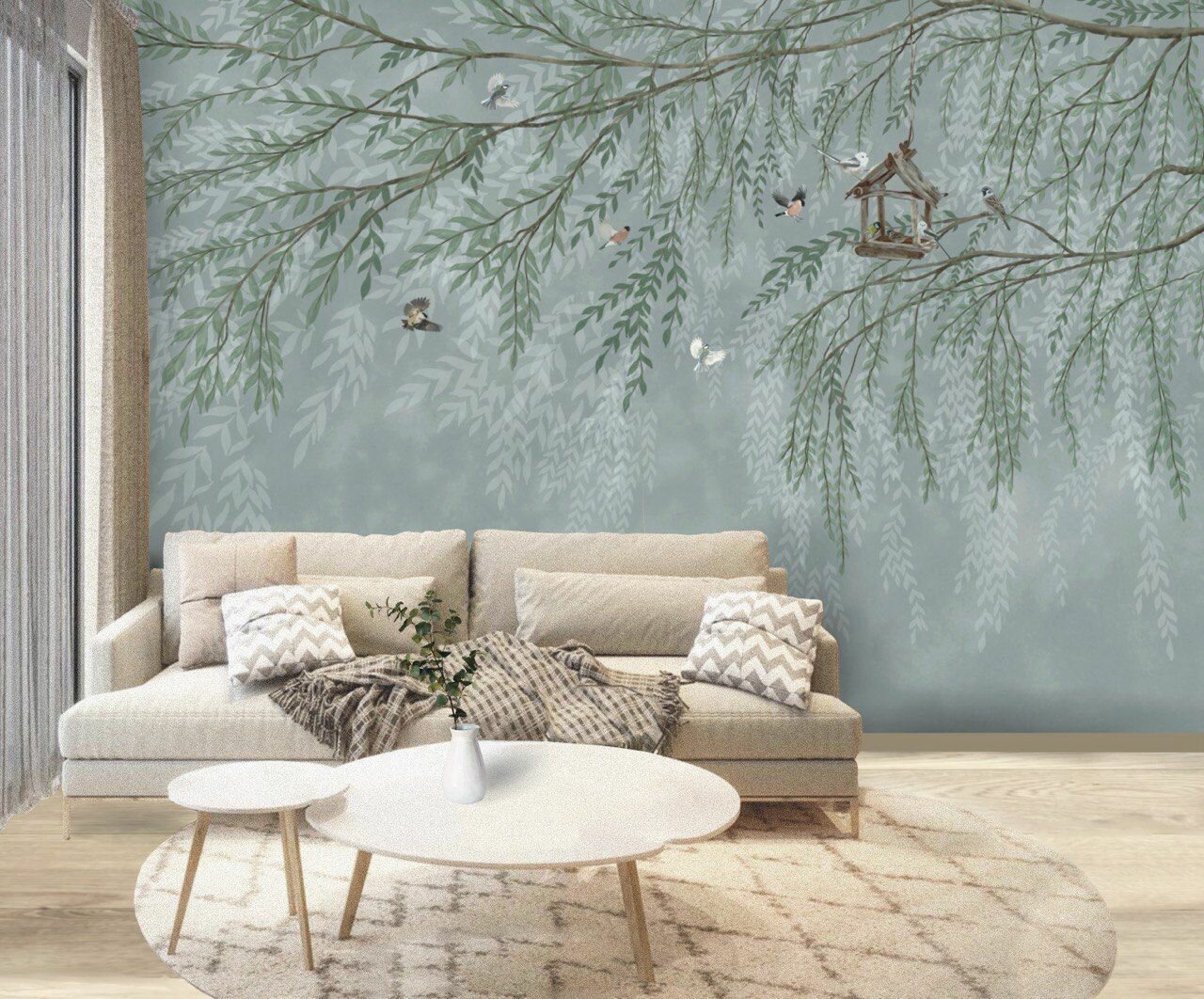 Обои бесшовные "Маленькая жизнь" серо-зеленый (ширина 2750мм х длина 3500мм)