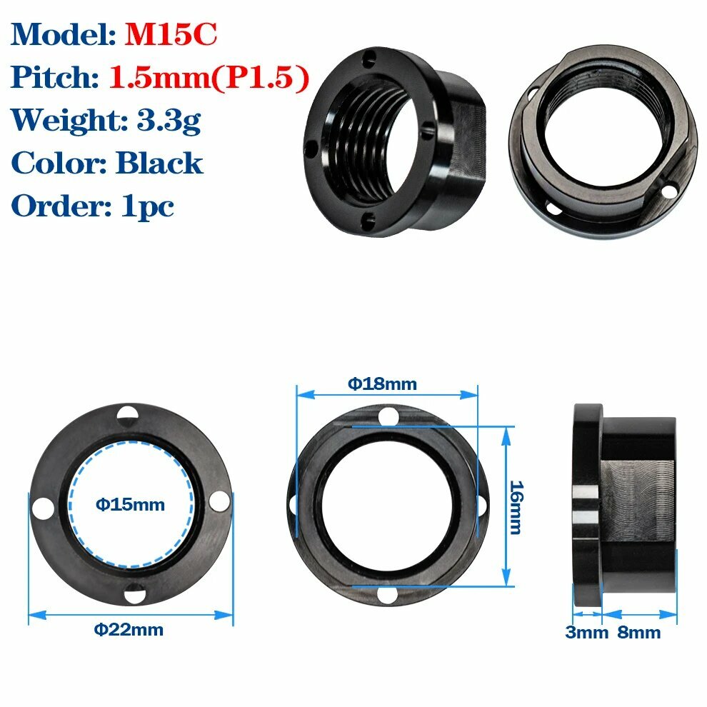 Гайка ось велосипеда Blackhole M15C, черная, Pitch 1.5, 1pc